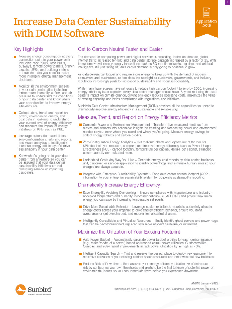 AN010 Sunbird ApplicationNote Data Center Sustainability | PDF | Data ...