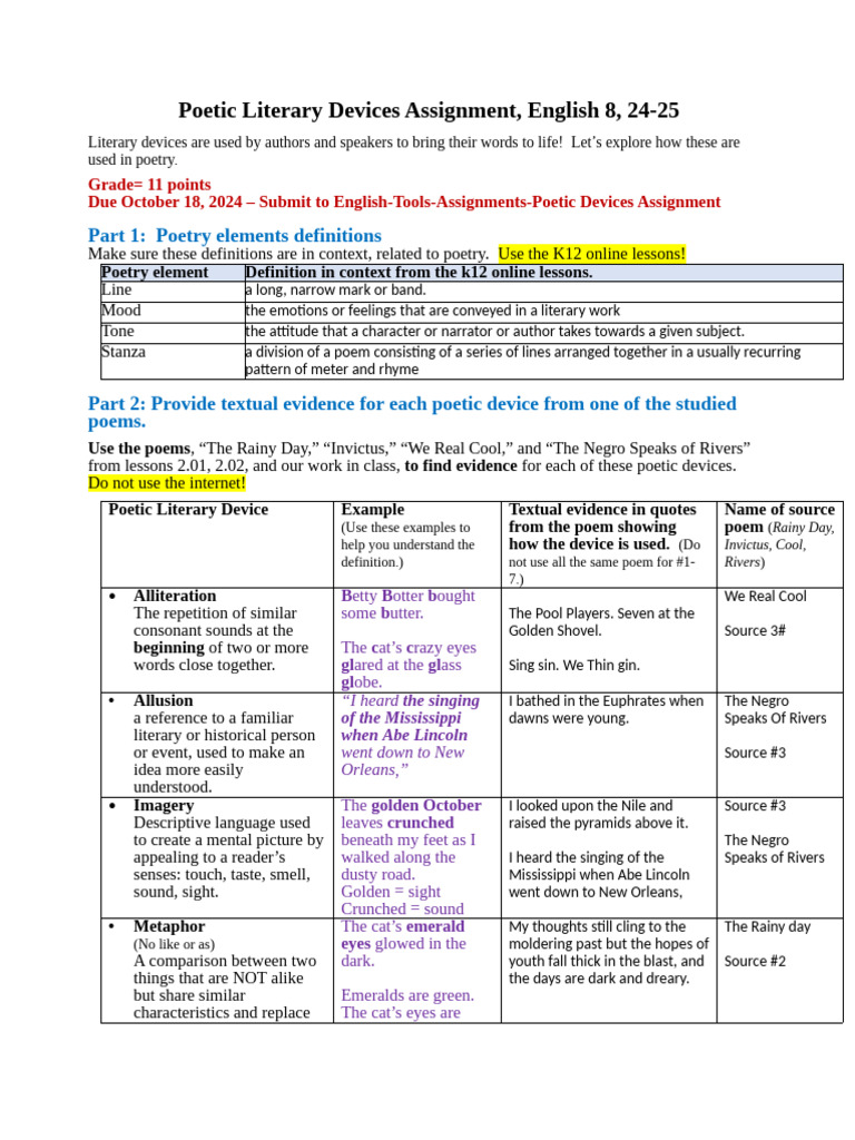 Poetic Devices Assignment - Eng 24-25 | PDF | Poetry