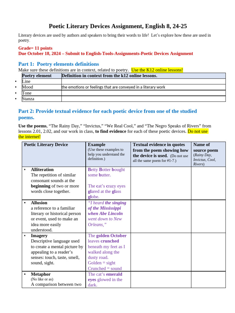 Poetic Devices Assignment - Eng 24-25 | PDF | Poetry