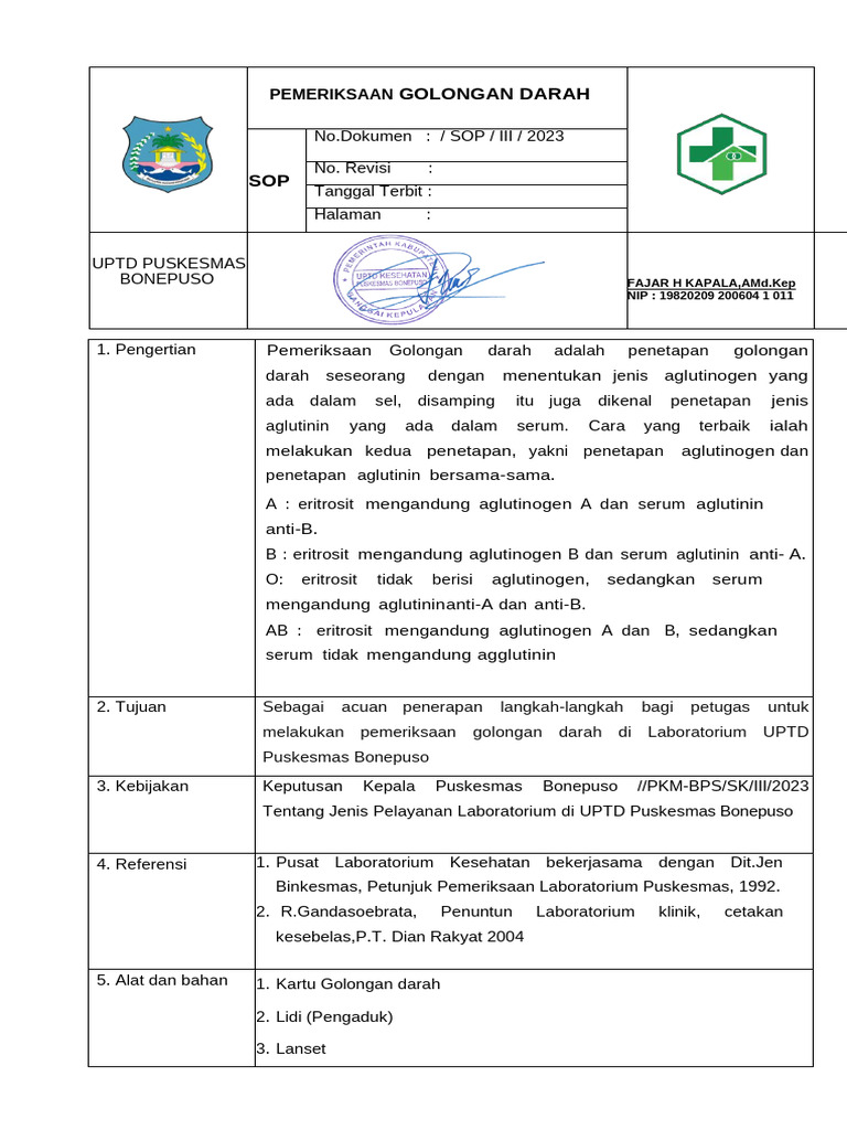 Sop Pemeriksaan Golongan Darah Pdf