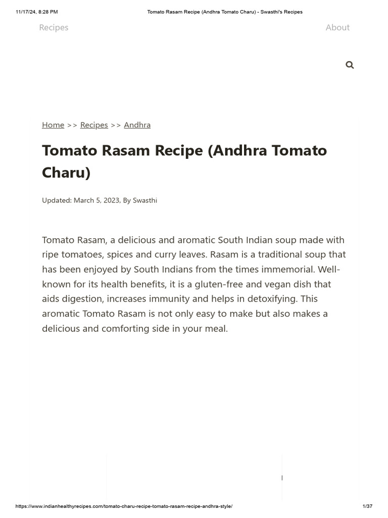 Tomato Rasam Recipe (Andhra Tomato Charu) - Swasthi's Recipes | PDF | Spice | Mustard (Condiment)