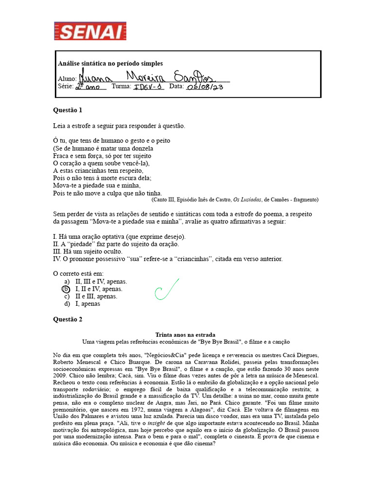 Exercícios de Análise Sintática Período Simples Formatado | PDF ...