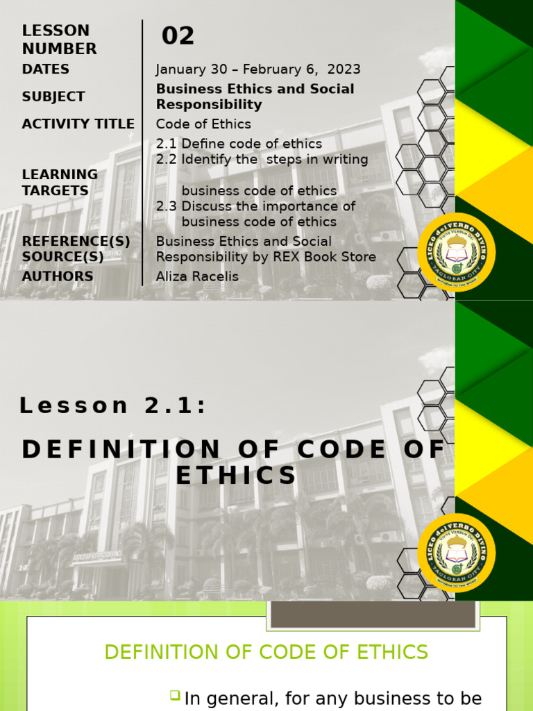 Lesson 2 Code of Ethics | PDF | Business Ethics | Business