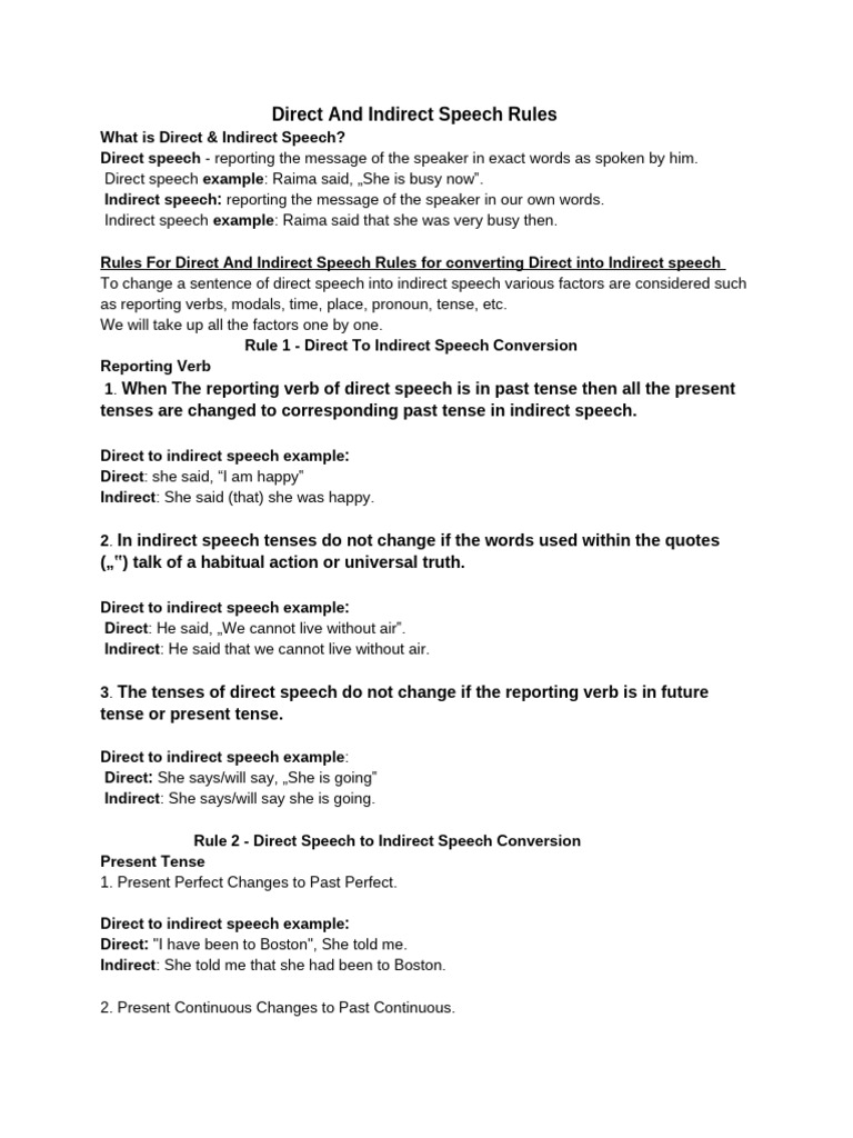 Direct vs Indirect Speech Rules | PDF | Grammatical Tense | Linguistic ...