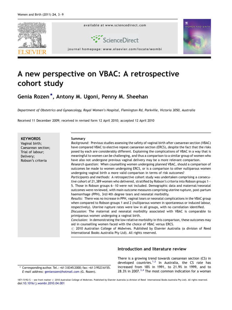 A New Perspective On VBAC A Retrospective Cohort S | PDF | Childbirth | Caesarean Section