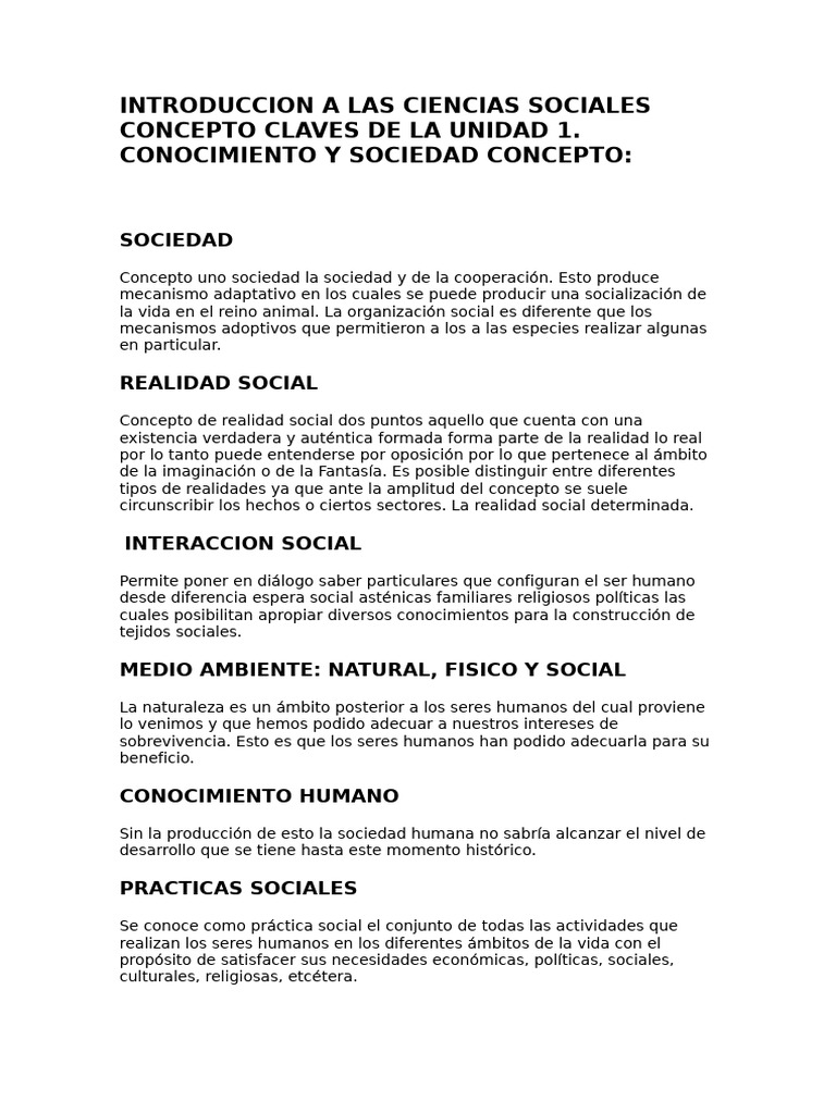 Introduccion A Las Ciencias Sociales Concepto Claves de La Unidad 1 ...