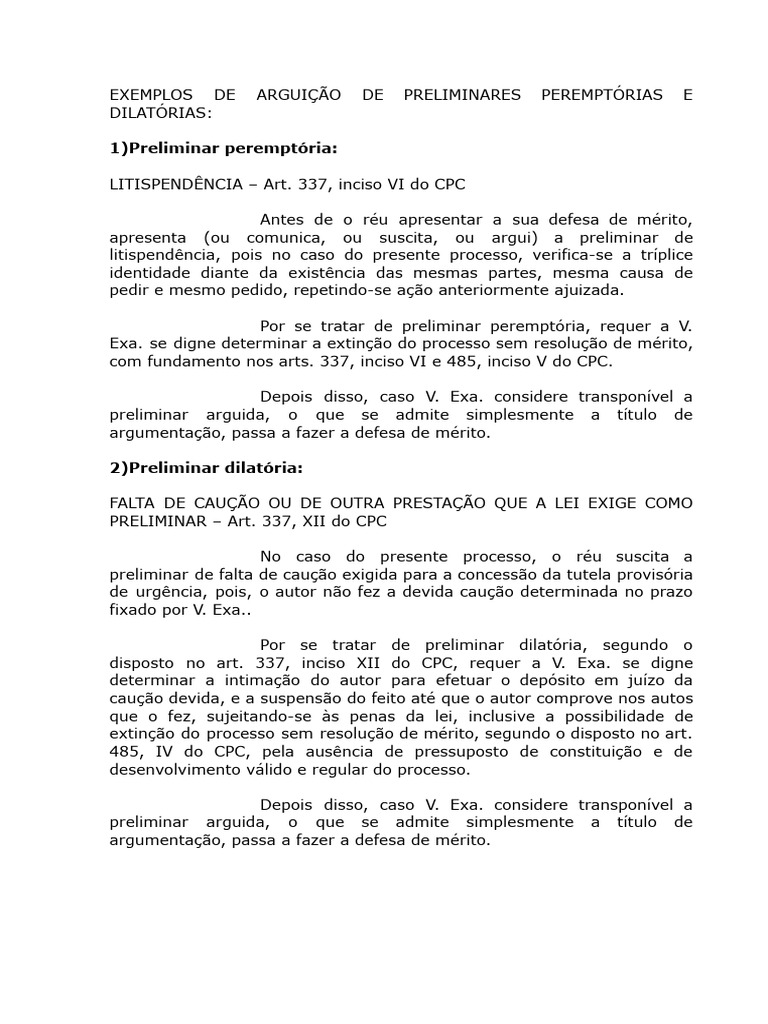 Exemplos de Como Arguir Preliminares Perempt-Rias e Dilat-Rias | PDF ...