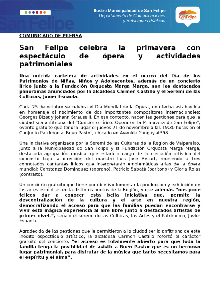 (Comunicado) San Felipe Celebra La Primavera Con Espectáculo de Ópera y Actividades ...