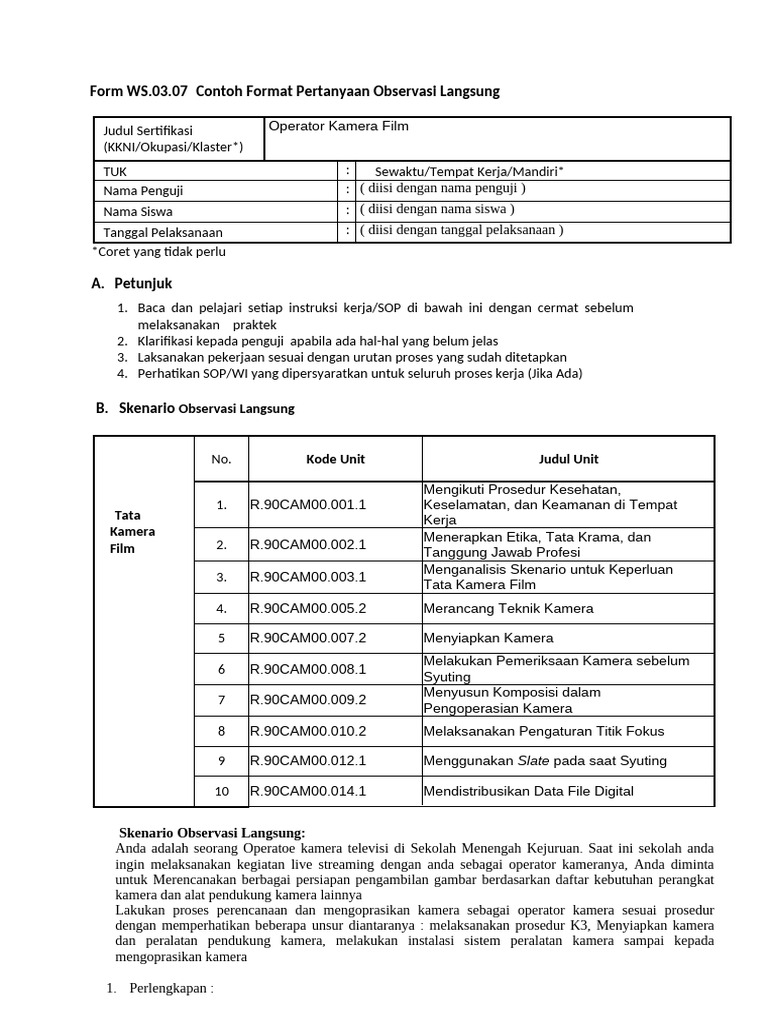 Form LK WS.03.07 Contoh Format Pertanyaan Observasi Langsung | PDF
