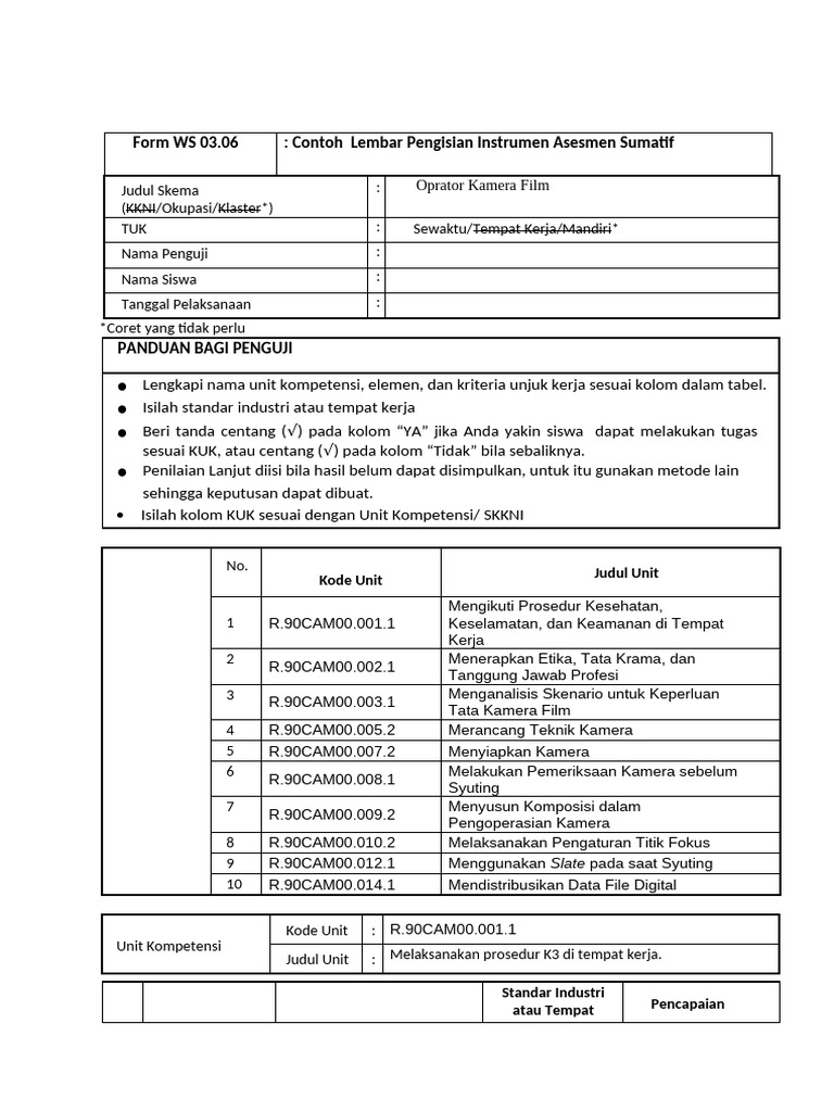 Form LK WS.03.06. Contoh Format Lembar Pengisian Instrumen Asesmen ...