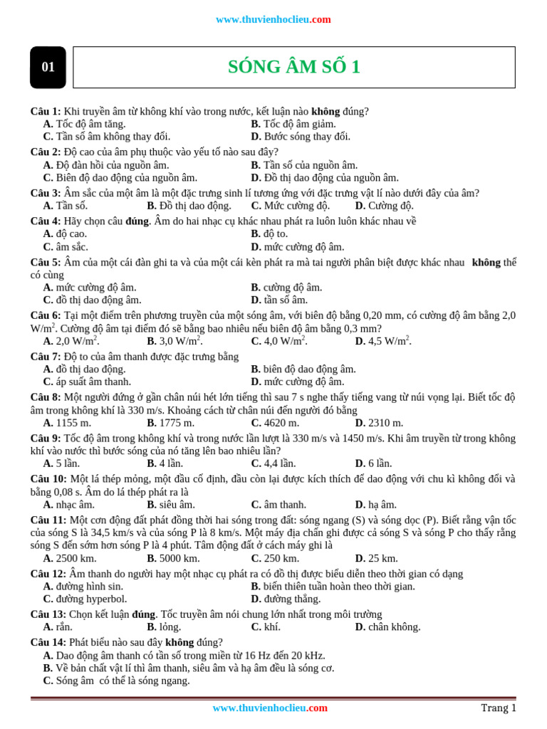 80 Cau Trac Nghiem Ve SONG AM Co Dap An | PDF