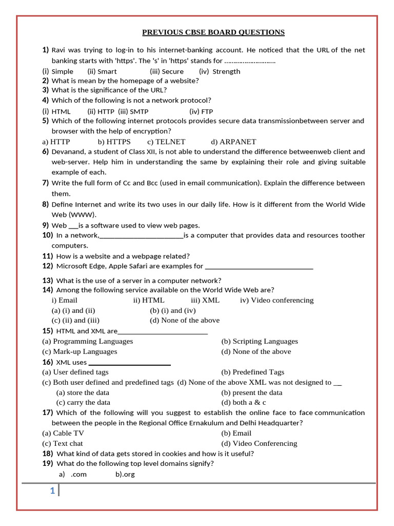 PREVIOUS CBSE BOARD QUESTIONS - Computer Networks | PDF | Computer ...