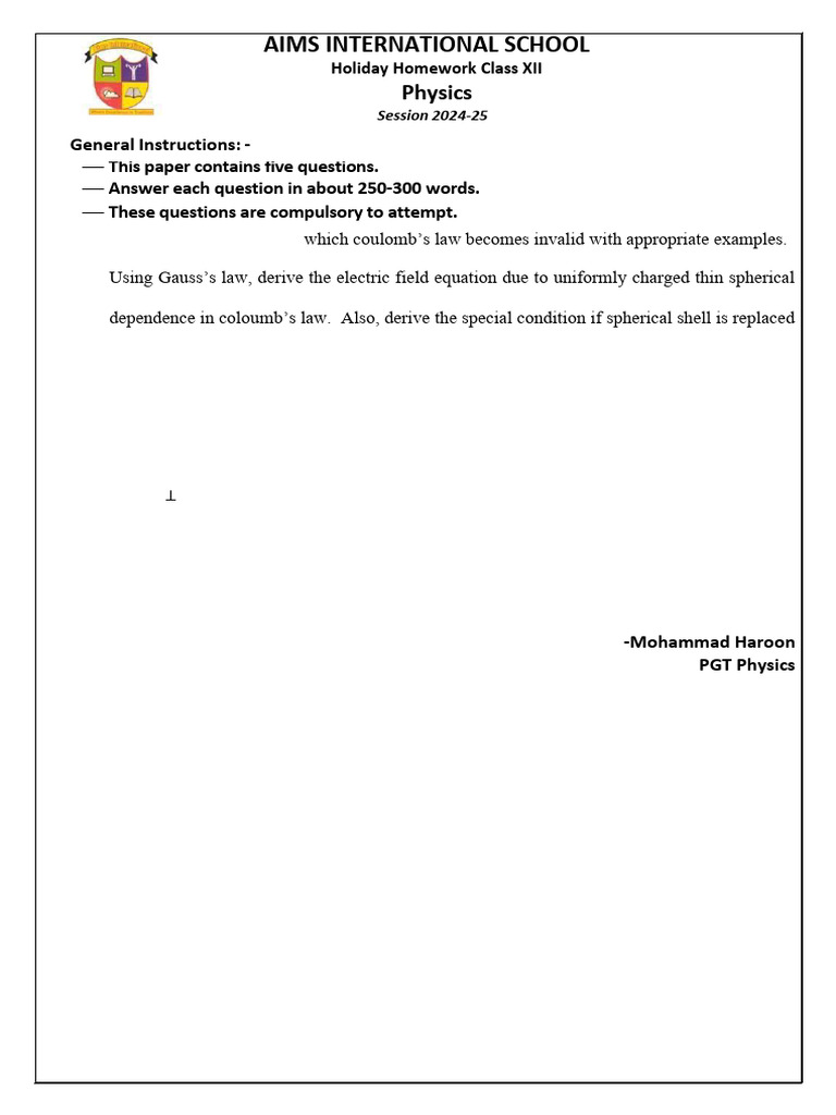 Class XII Physics Holiday Homework | PDF