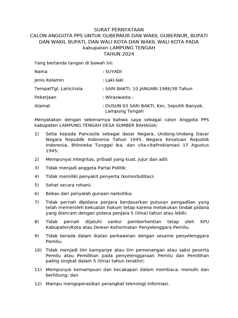 Surat Pernyataan SUYADI | PDF