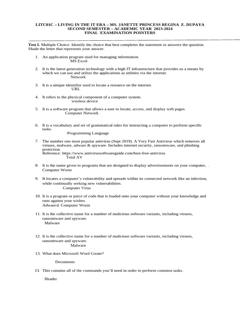 Litc01c Final Examination Pointers | PDF | Malware | Computer Virus