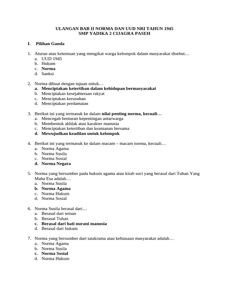 Ulangan Norma dan UUD 1945 Kelas 7 | PDF | Ilmu Sosial