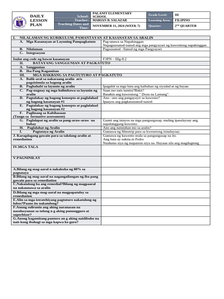 Daily Lesson Plan Fil | PDF