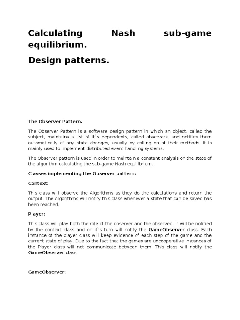 Calculating Nash Sub-Game Equilibrium. Design Patterns.: The Observer Pattern | PDF | Class ...