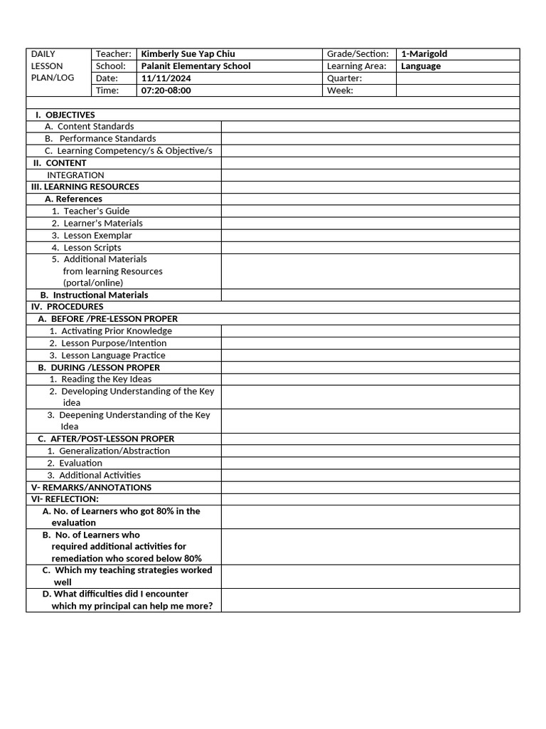 Daily Lesson Plan Grade 1 | PDF | Learning | Teachers