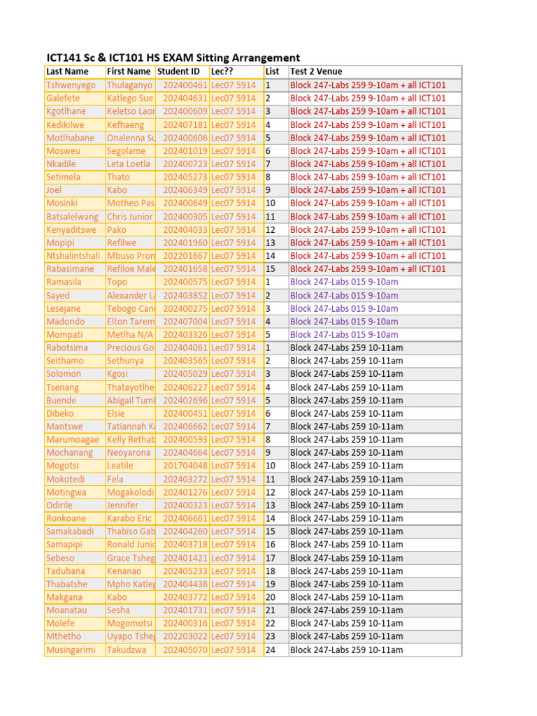 ICT141 EXAM Sitting Arrangement 17 Nov2024 | PDF