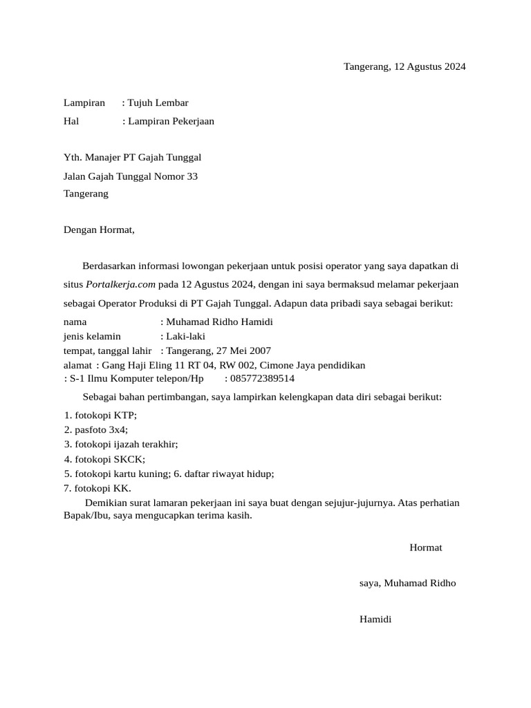 Surat Lamaran Kerja Muhamad Ridho Hamidi 2024 | PDF | Hukum
