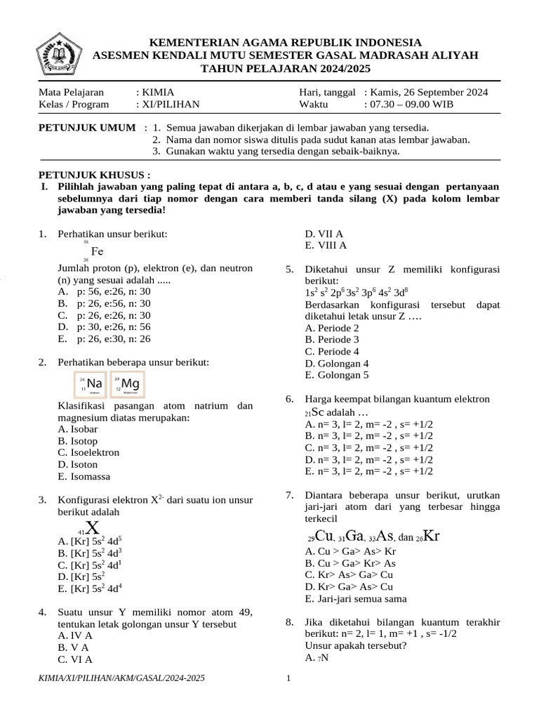 Soal Xi Kimia Akm Gasal 2024 | PDF | Sains & Matematika | Teknologi & Rekayasa