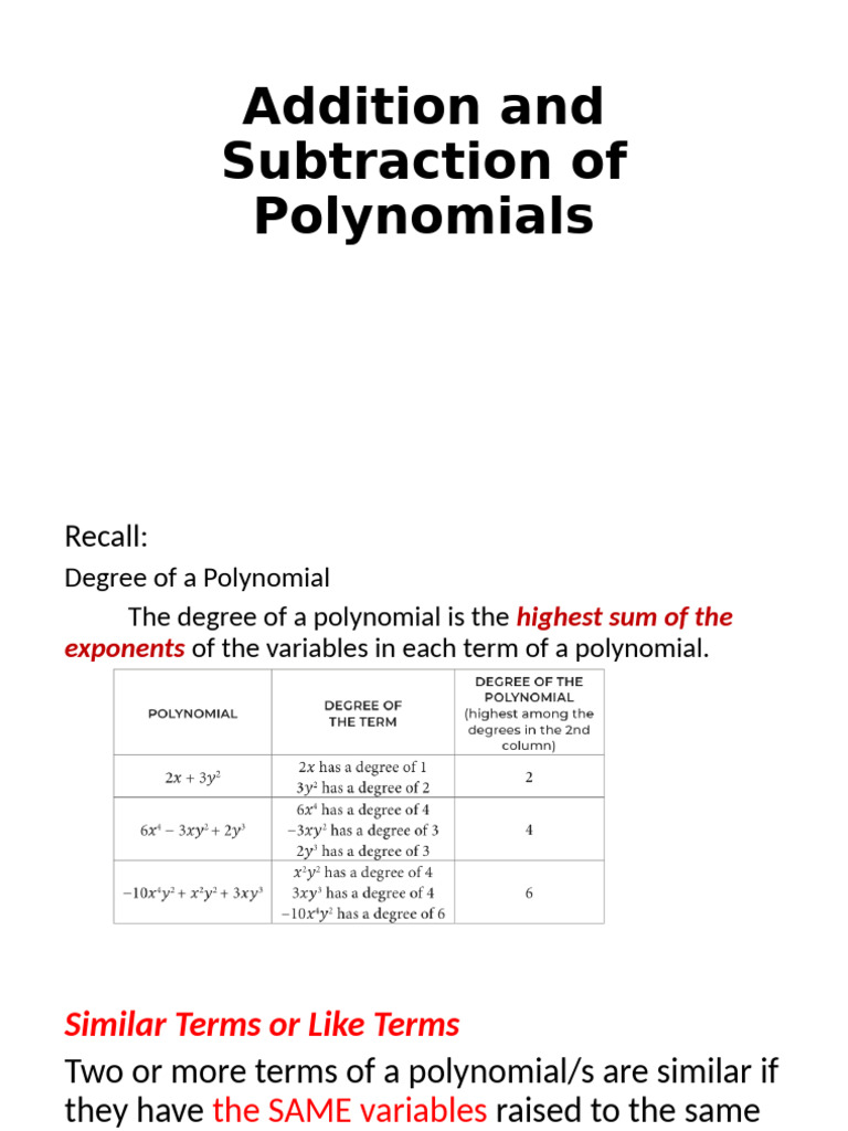 Addtion and Subtraction of Polynomials | PDF