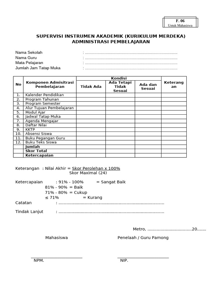Supervisi Instrumen Akademik Kurikulum Merdeka | PDF
