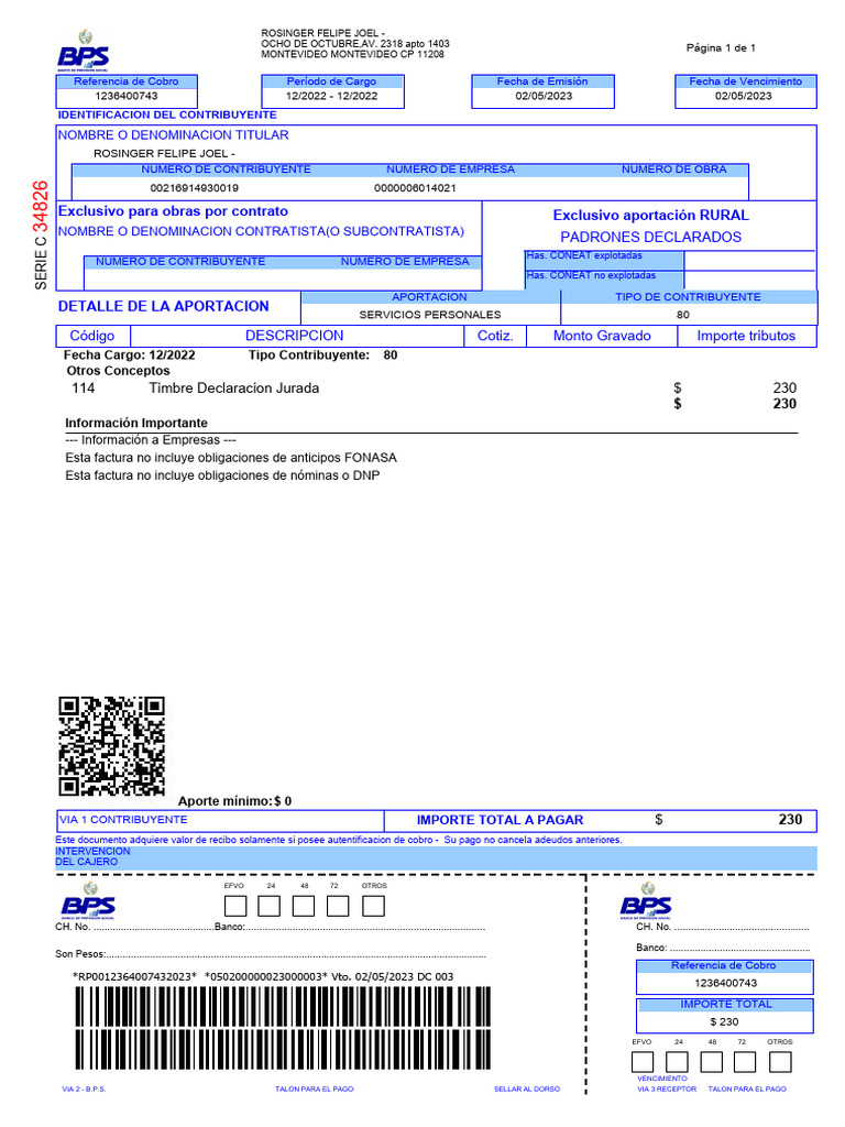 Factura Fonasa y Aportes BPS | PDF