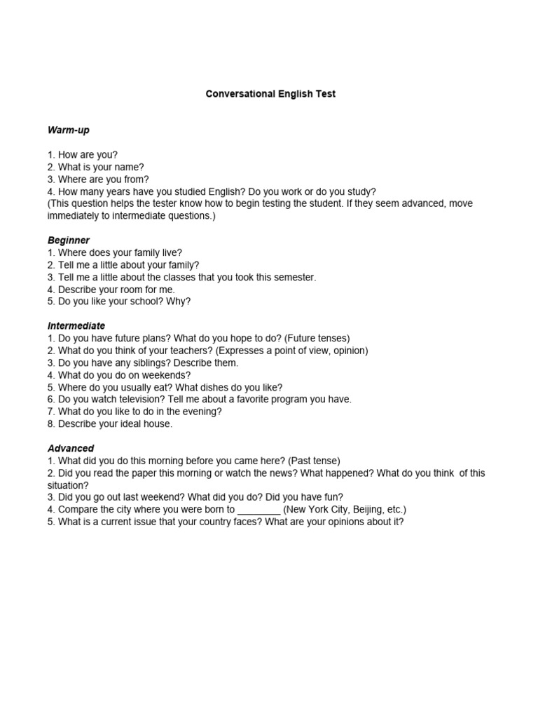 Conversational English Test | PDF | Vocabulary | English Language