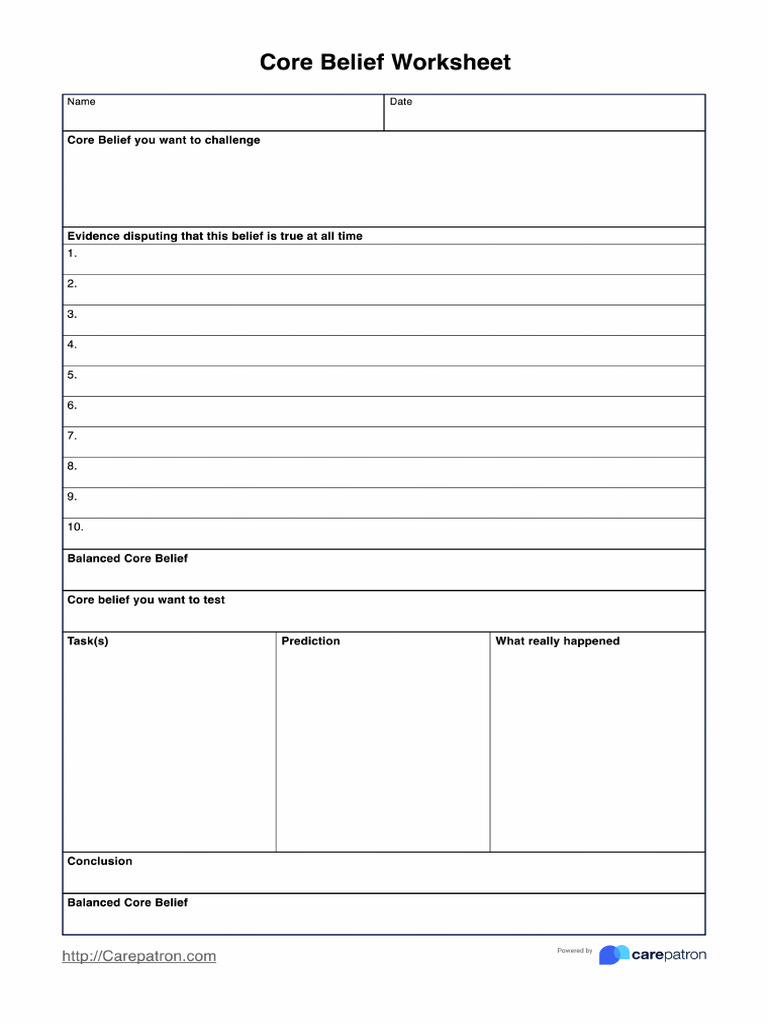 63e3592f2f614dc2a68d6009 - Core Belief Worksheet Template | PDF