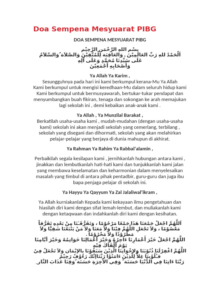 Doa Sempena Mesyuarat PIBG | PDF