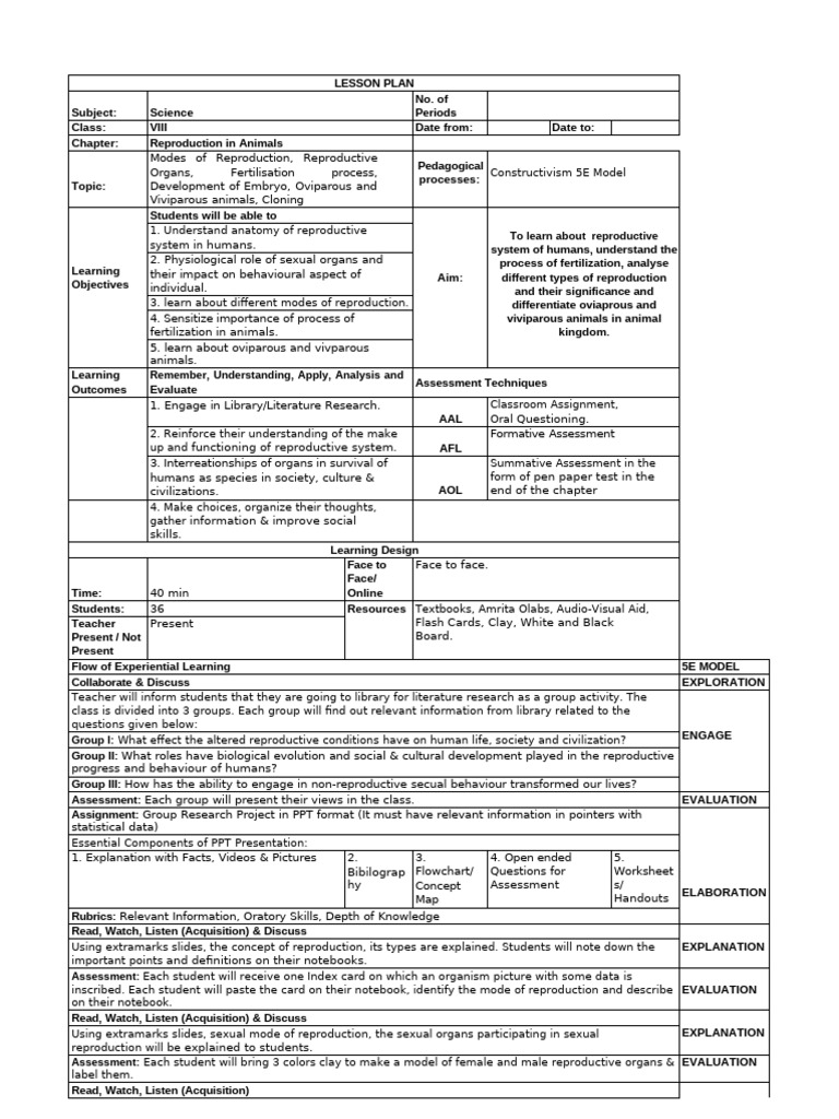 Lesson Plan Reproduction in Animals | PDF | Educational Assessment ...