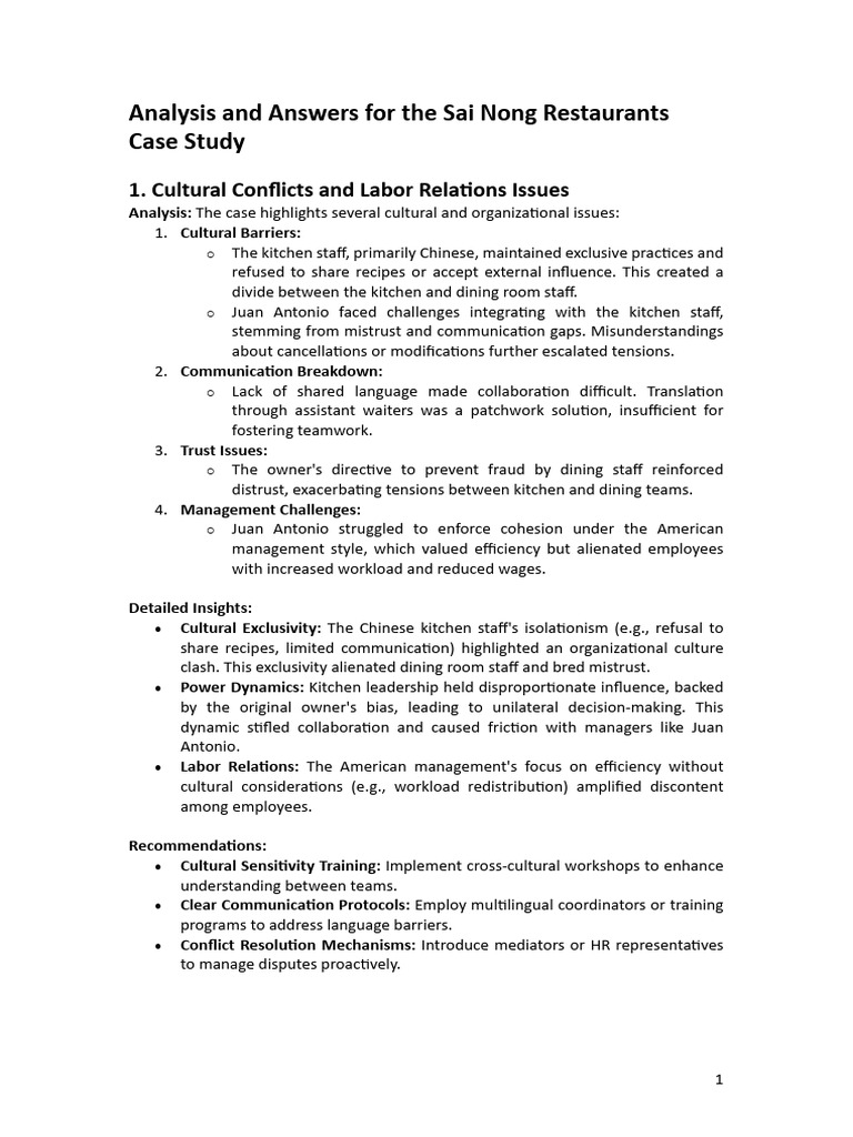 Analysis and Answers For The Sai Nong Restaurants Case Study | PDF ...