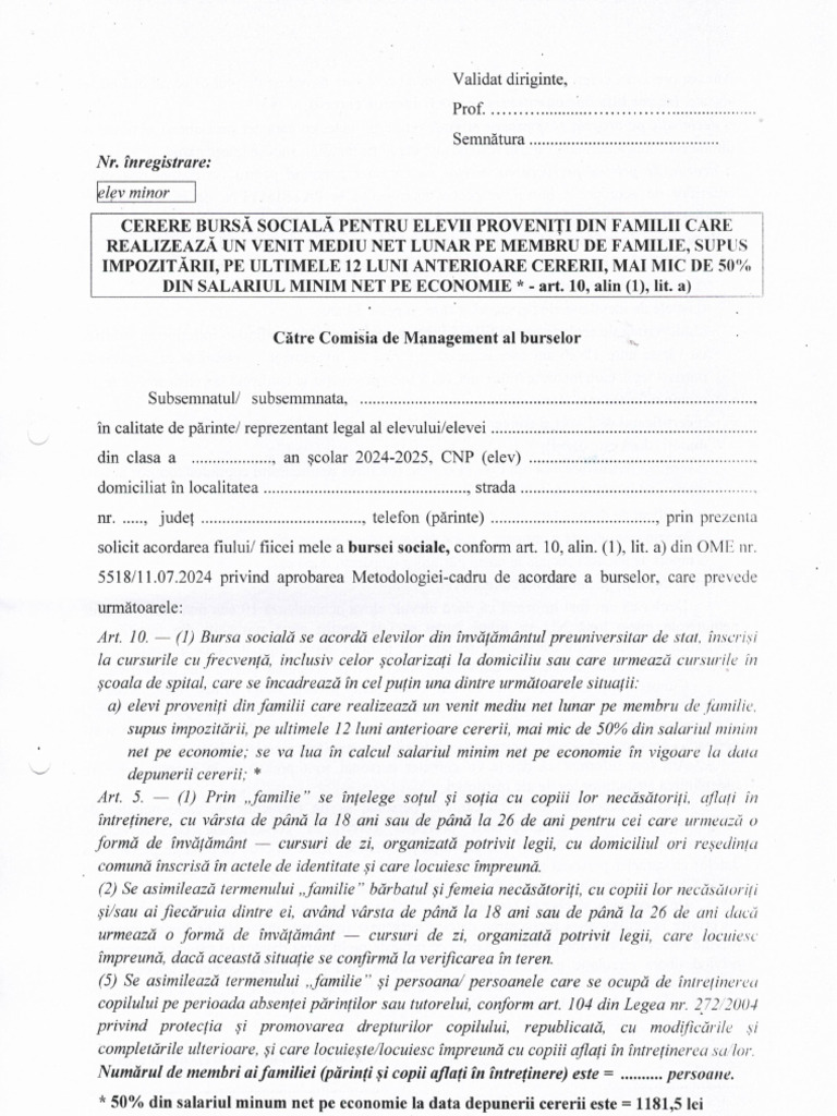 Model Cerere Bursa Sociala Venituri Mici Art 10 Alin 1 Lit A | PDF