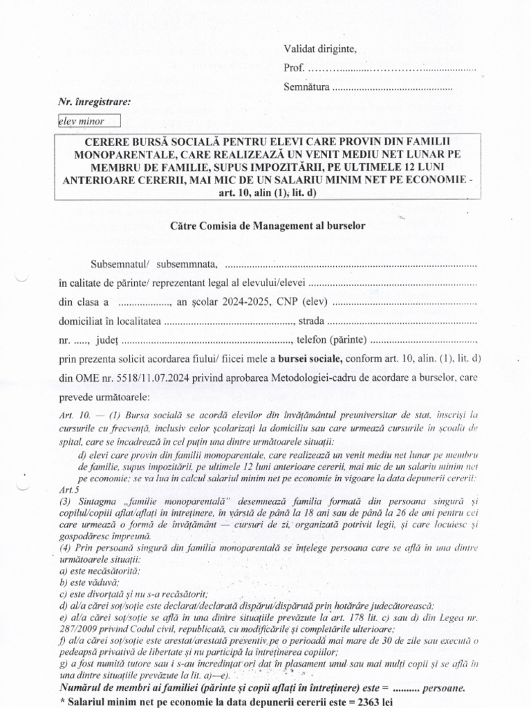 Model Cerere Bursa Sociala Monoparentala Art 10 Alin 1 Lit D | PDF