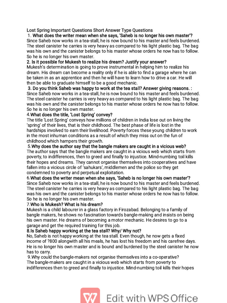 Lost Spring Important Questions Short Answer Type Questions | PDF ...