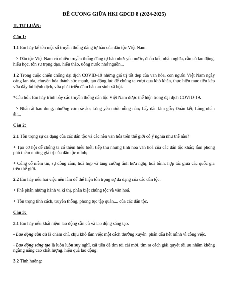 ĐỀ CƯƠNG GIỮA HKI GDCD 8 | PDF