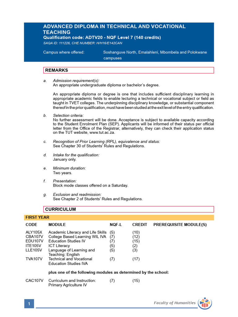 Advanced Diploma in TVET Teaching | PDF | Vocational Education | Curriculum