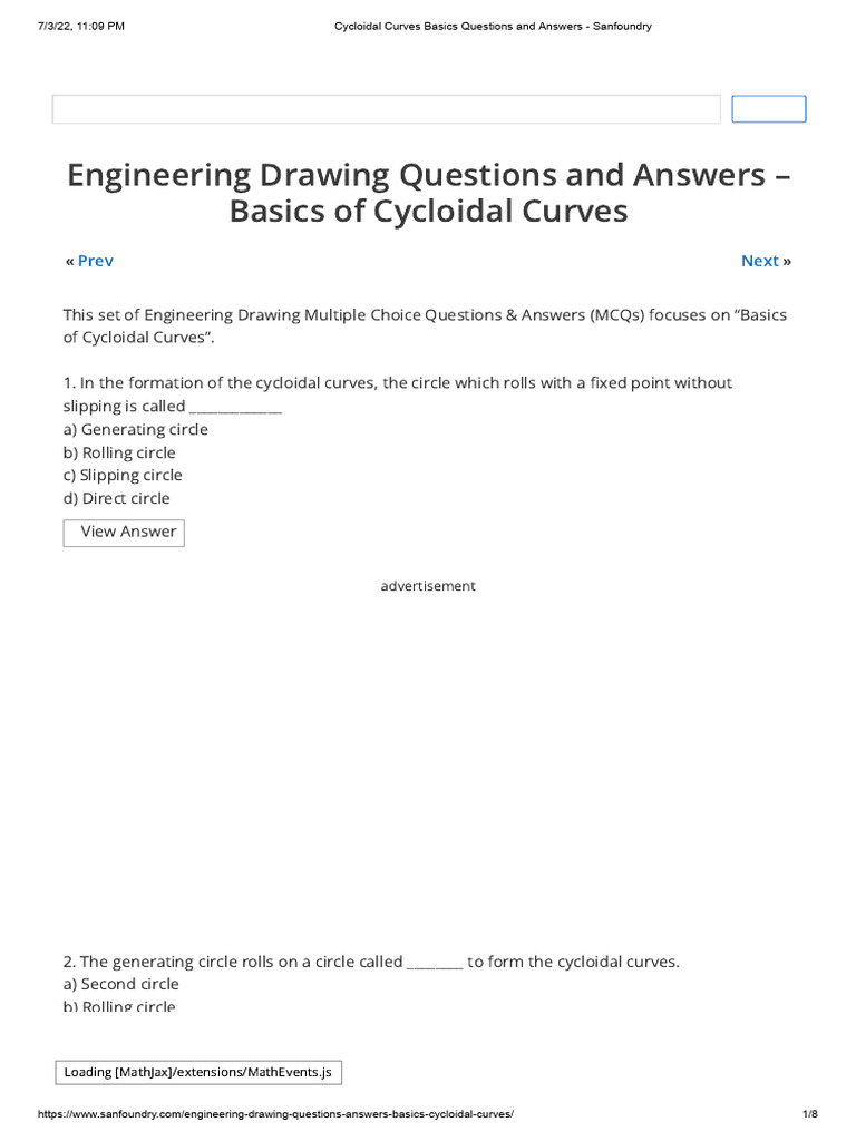 Cycloidal Curves Basics Questions and Answers - Sanfoundry | PDF ...