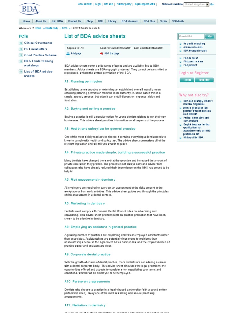 List of BDA Advice Sheets | PDF | Dentistry | National Health Service