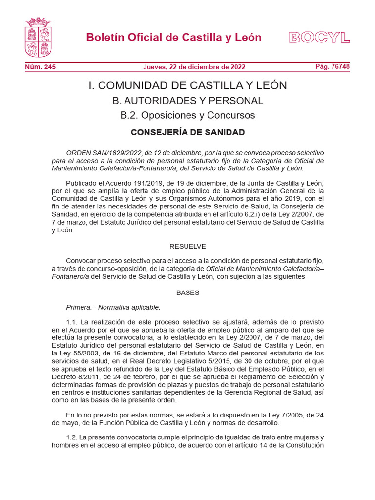 Orden Convocatoria Bocyl Oficial de Mantenimiento | PDF | Invalidez ...