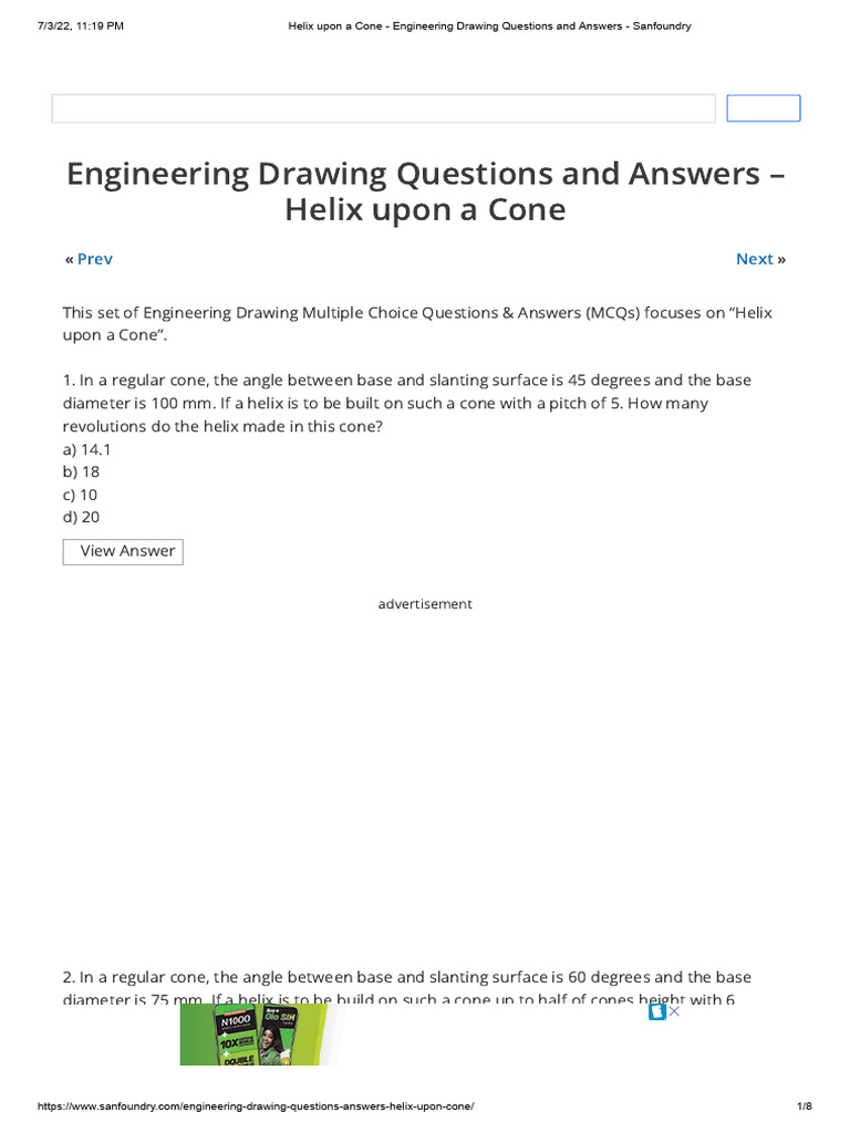 Helix on Cone: Engineering Drawing MCQs | PDF | Helix | Engineering