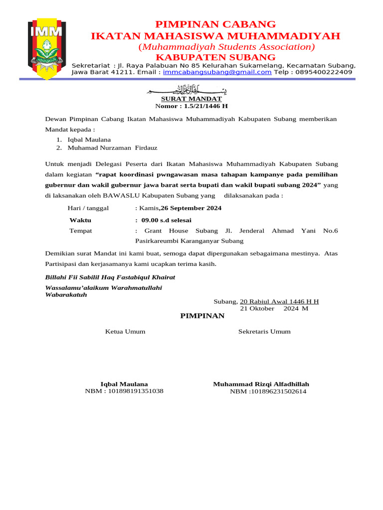 SURAT MANDAT Imm 2024 | PDF