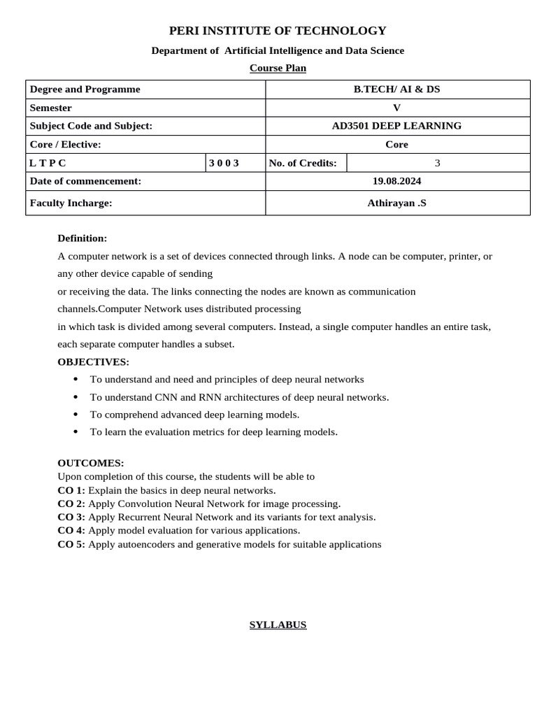 AD3501 Deep Learning Course Plan | PDF | Deep Learning | Artificial ...