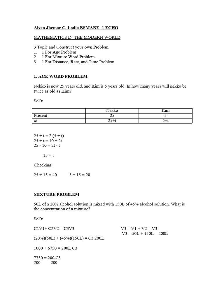 Problem Solving Age Problem, Mixture Word Problem, Distance, and Time Problem | PDF | Mathematics