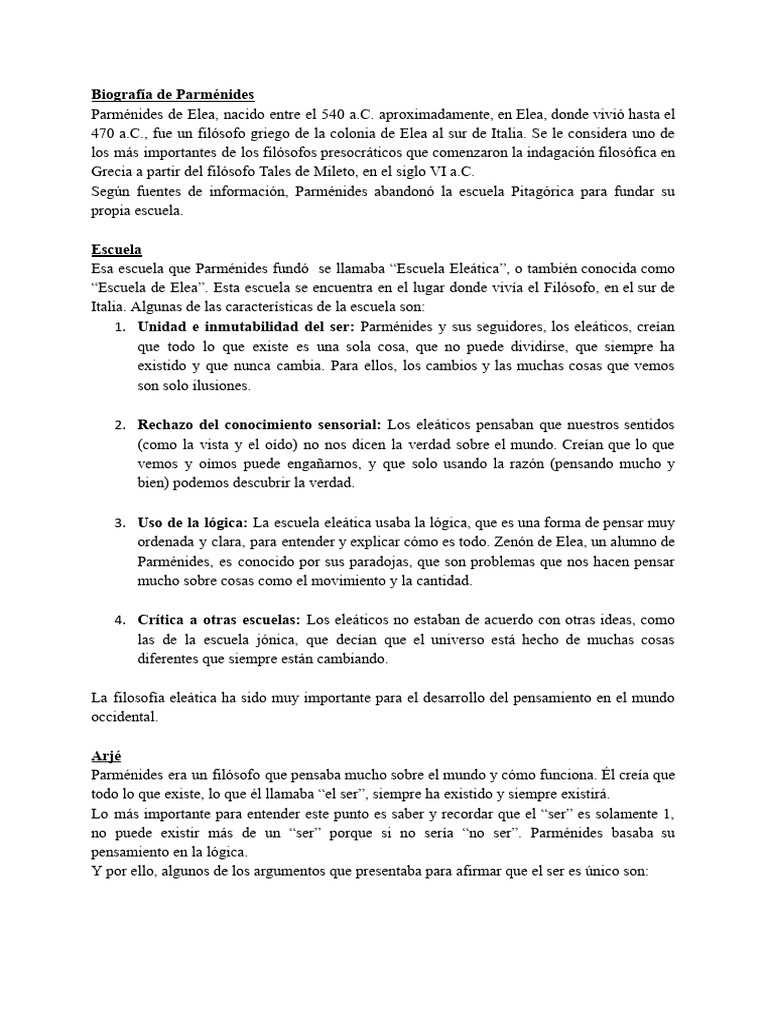 Biografía y filosofía de Parménides | PDF | Filosofía antigua ...