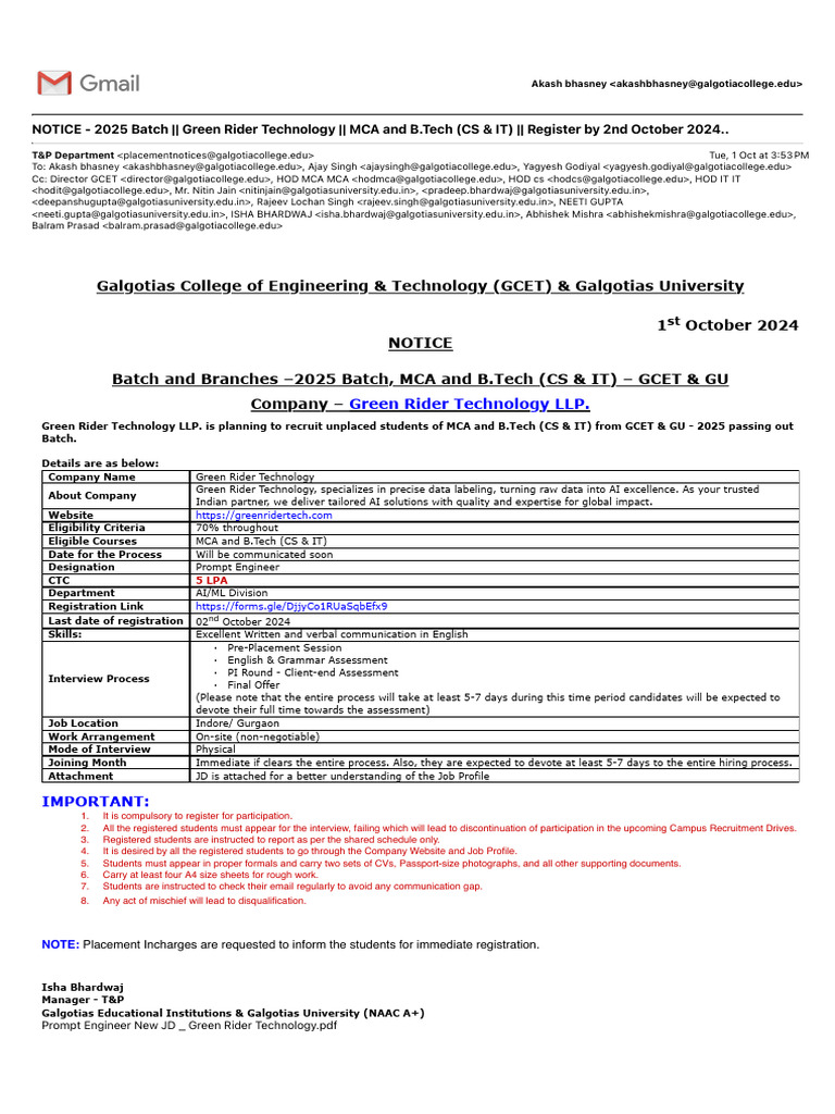 NOTICE - 2025 Batch Green Rider Technology MCA and B.Tech (CS & IT) Reg | PDF | Career & Growth ...
