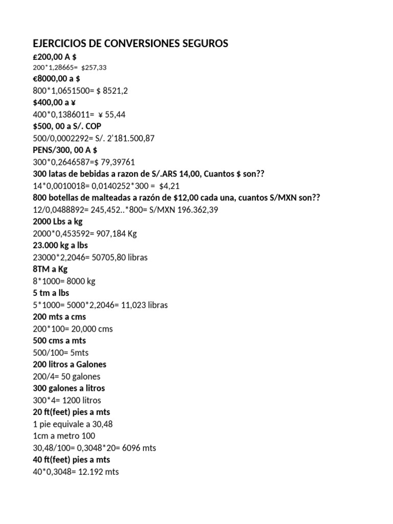 EJERCICIOS SEGUROS Conversiones | PDF