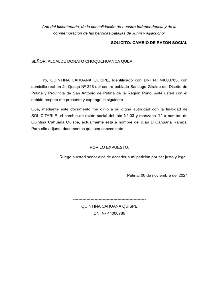 Solicitud de Cambio de Razón Social | PDF | Derecho